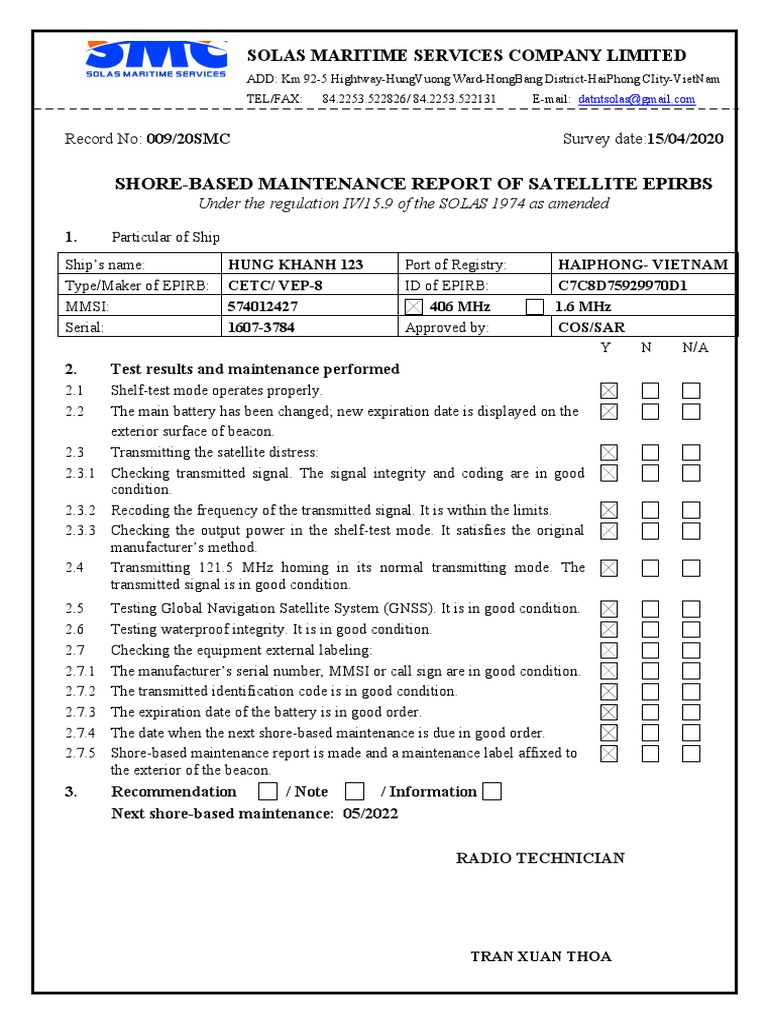 Shore-Based Maintenance Report of Satellite Epirbs: Solas Maritime ...