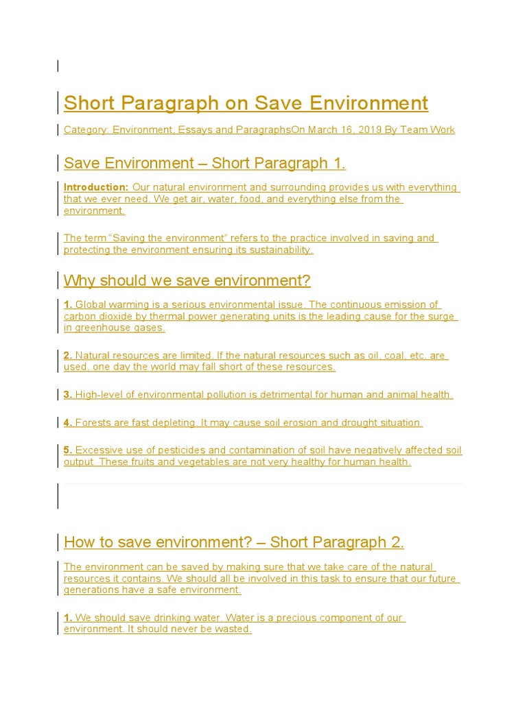 Short Paragraph On Save Environment | PDF | Renewable Resources ...