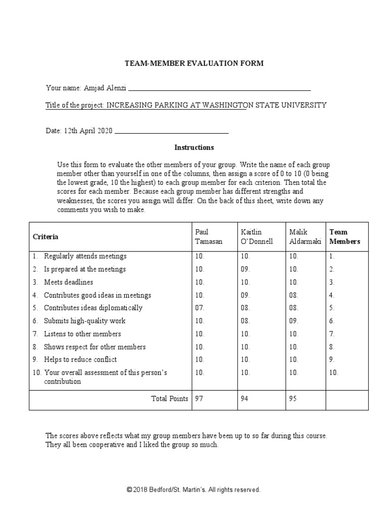 Team-Member Evaluation Form: © 2018 Bedford/St. Martin's. All Rights ...