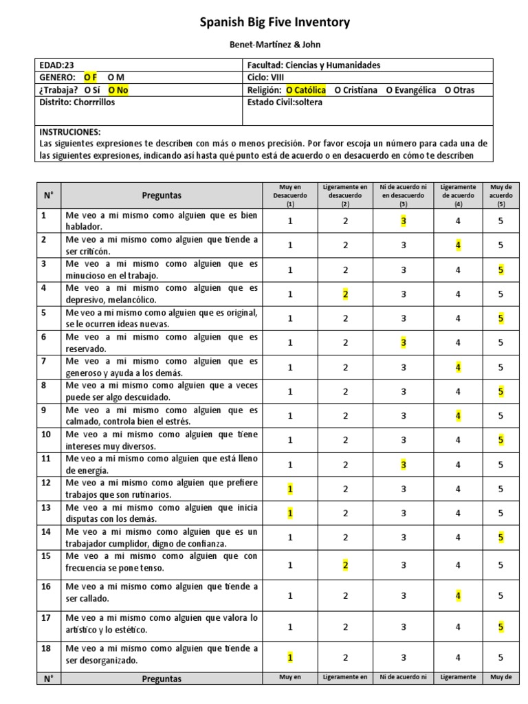 Spanish Big Five Inventory - Docx TEST RSP | PDF