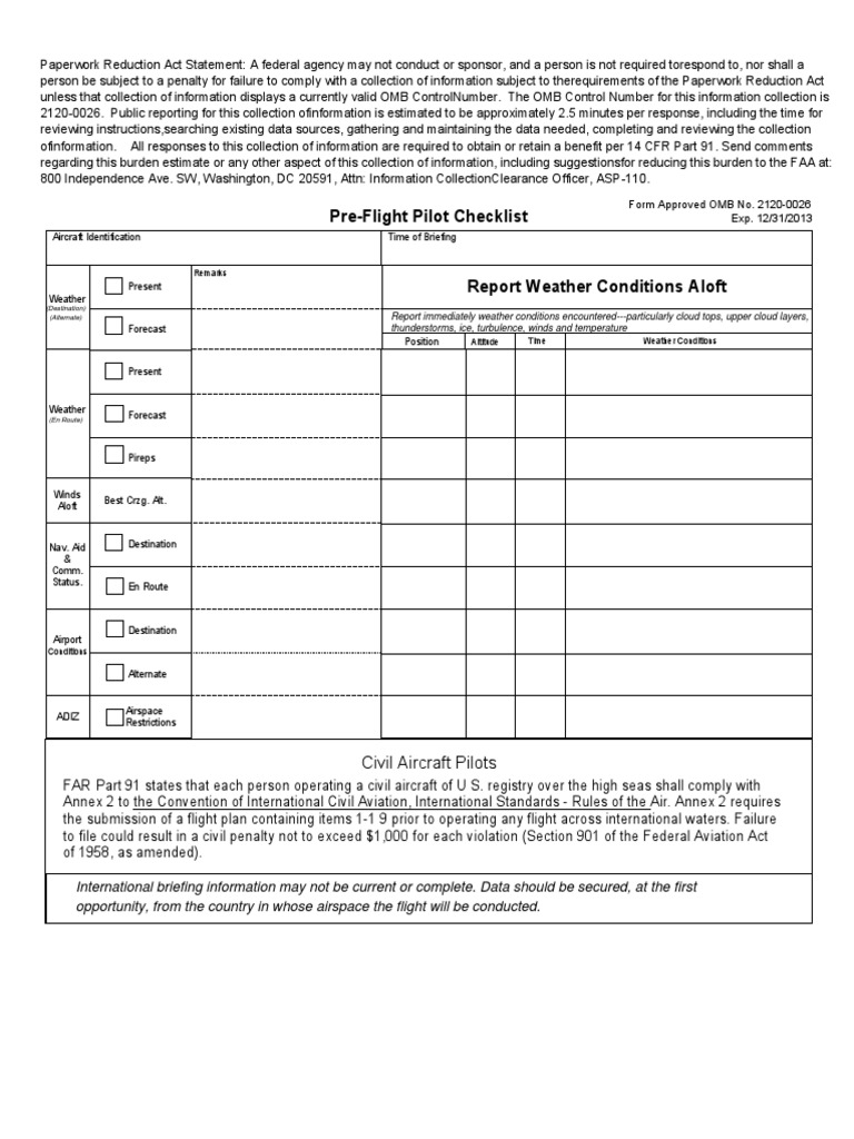 Pre-Flight Pilot Checklist Report Weather Conditions Aloft: Civil ...