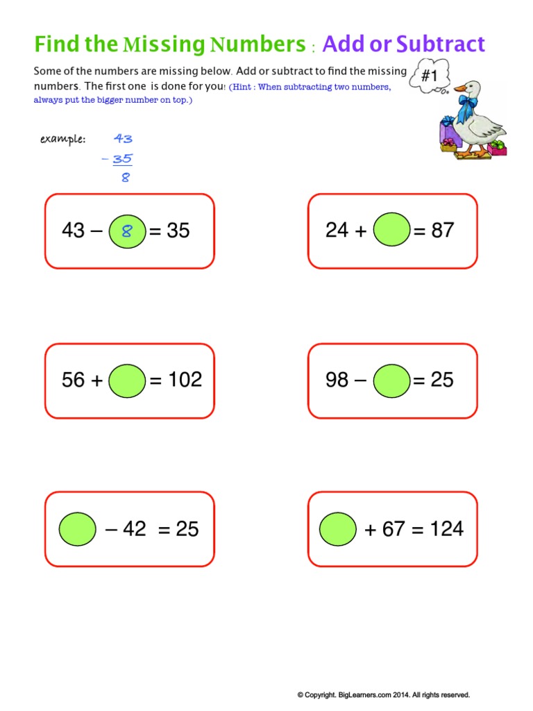 Find The Missing Numbers Add or Subtract PDF | PDF