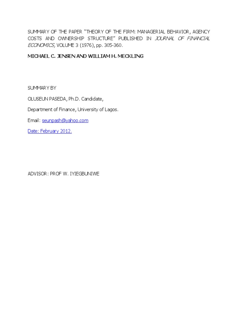 JENSEN AND MECKLING A Summary PDF | PDF | Economics | Economies