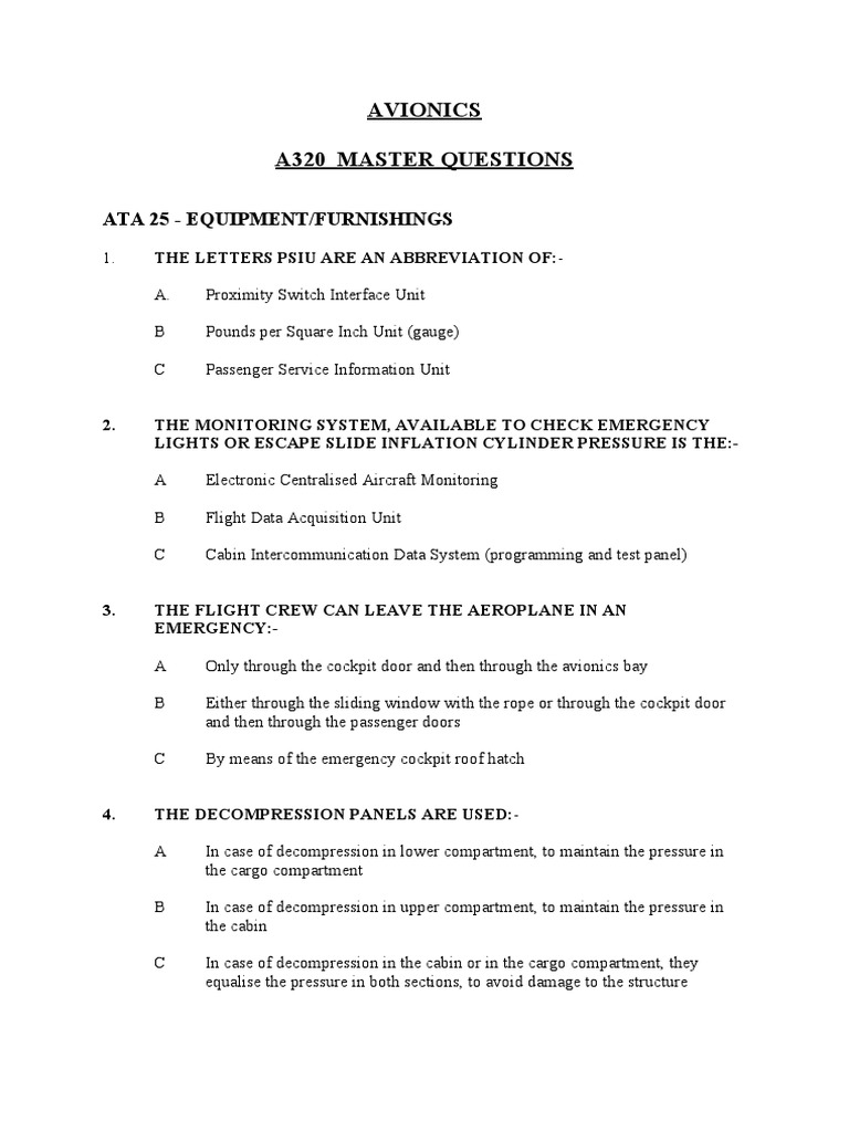 Avionics A320 Master Questions: Ata 25 - Equipment/Furnishings | PDF
