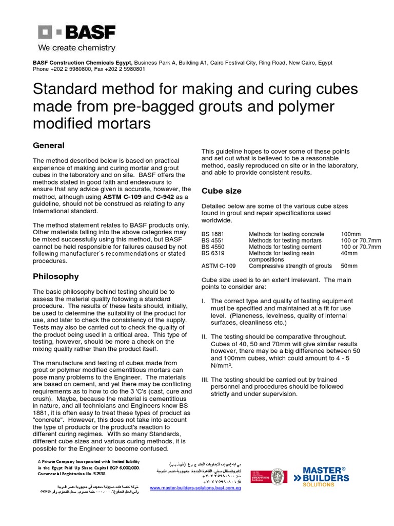 BASF Standard Method For Making and Curing Grout Cubes v1 | PDF ...