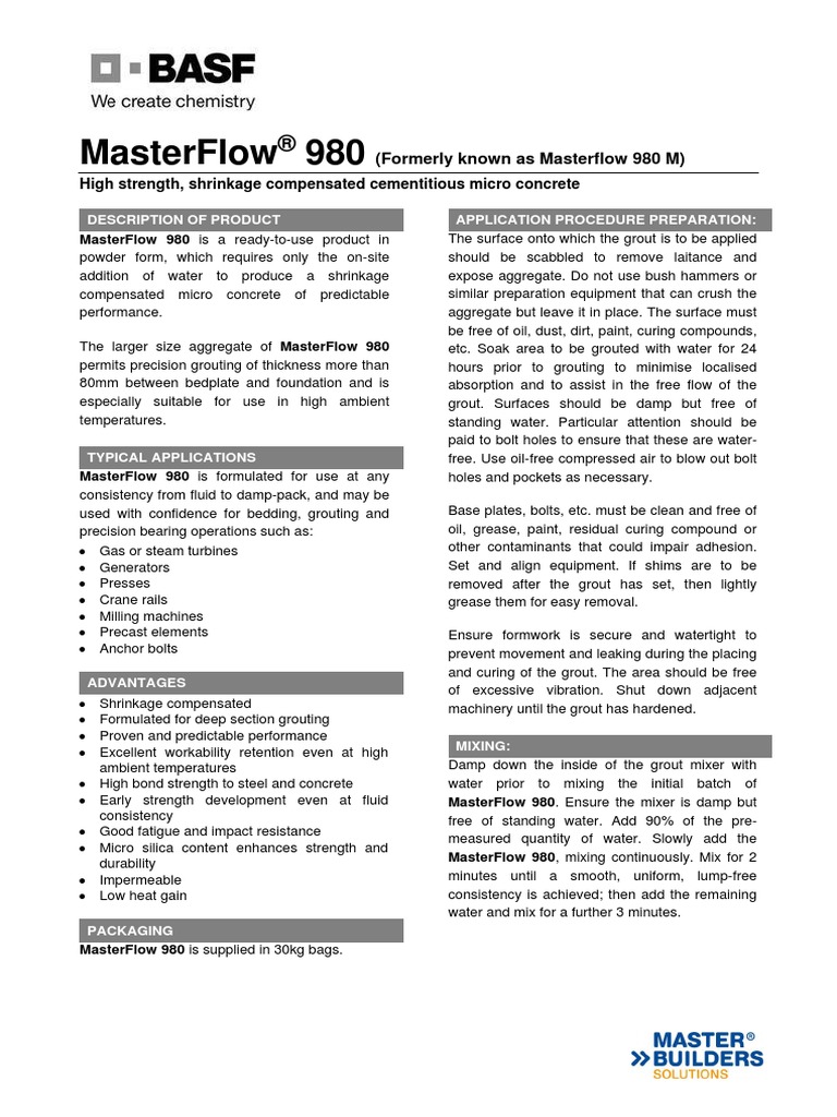 Masterflow 980 Tds | PDF | Strength Of Materials | Concrete