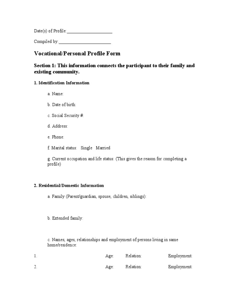 Vocational/Personal Profile Form | PDF | Family | Community