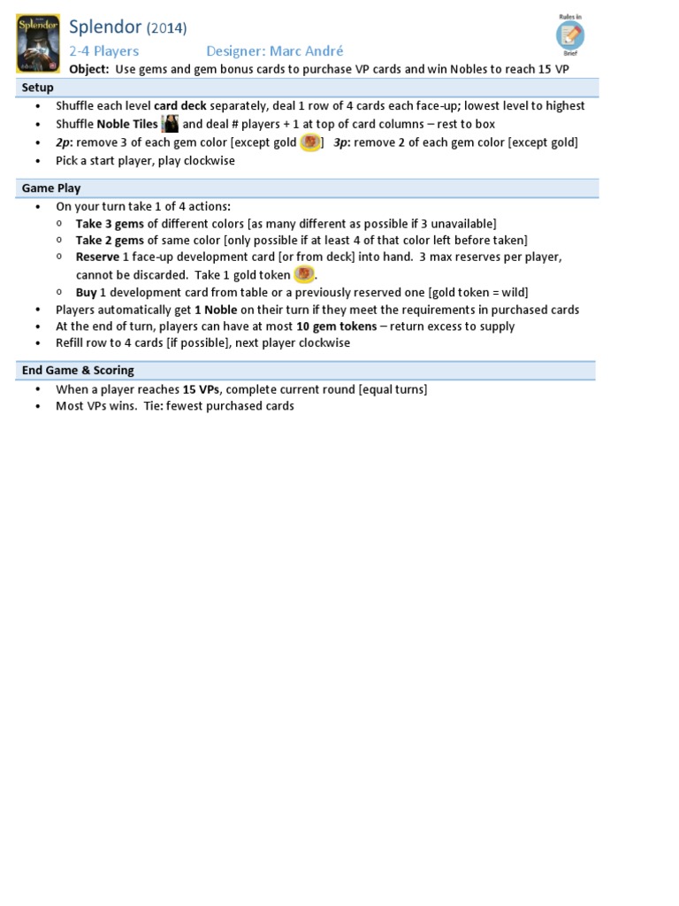 Splendor Game Rules for 2-4 Players | PDF