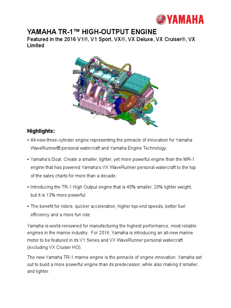 Yamaha Tr-1™ High-Output Engine: Featured in The 2016 V1®, V1 Sport, VX ...