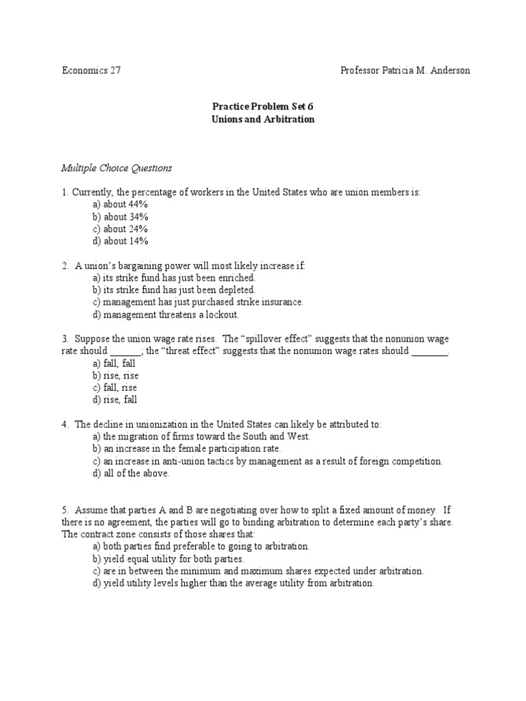 Multiple Choice Questions: Practice Problem Set 6 Unions and ...