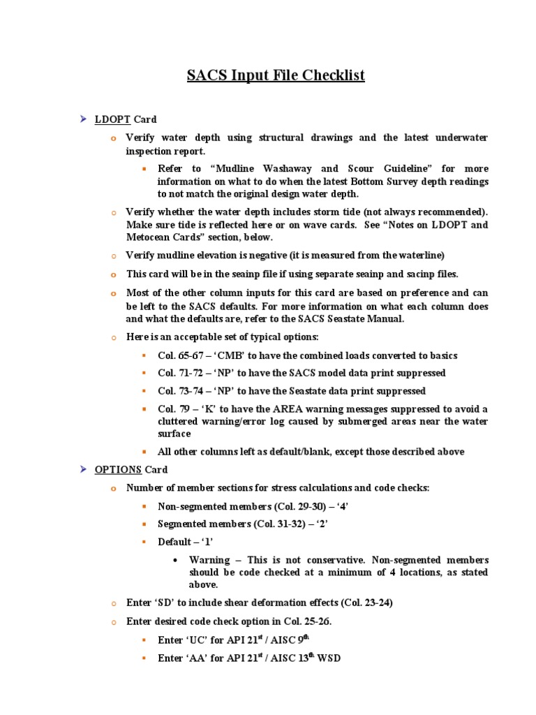 SACS Input File Checklist Guide | PDF | Buoyancy | Drag (Physics)