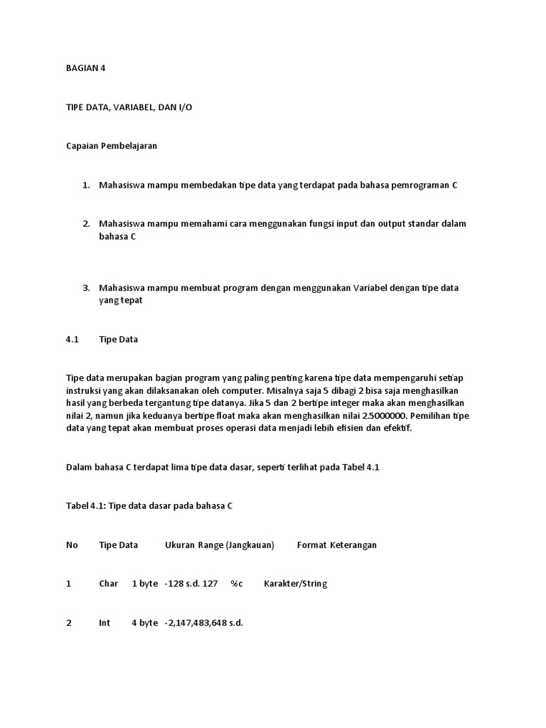 Tipe Data, Variabel, dan Input Output dalam Bahasa Pemrograman C | PDF