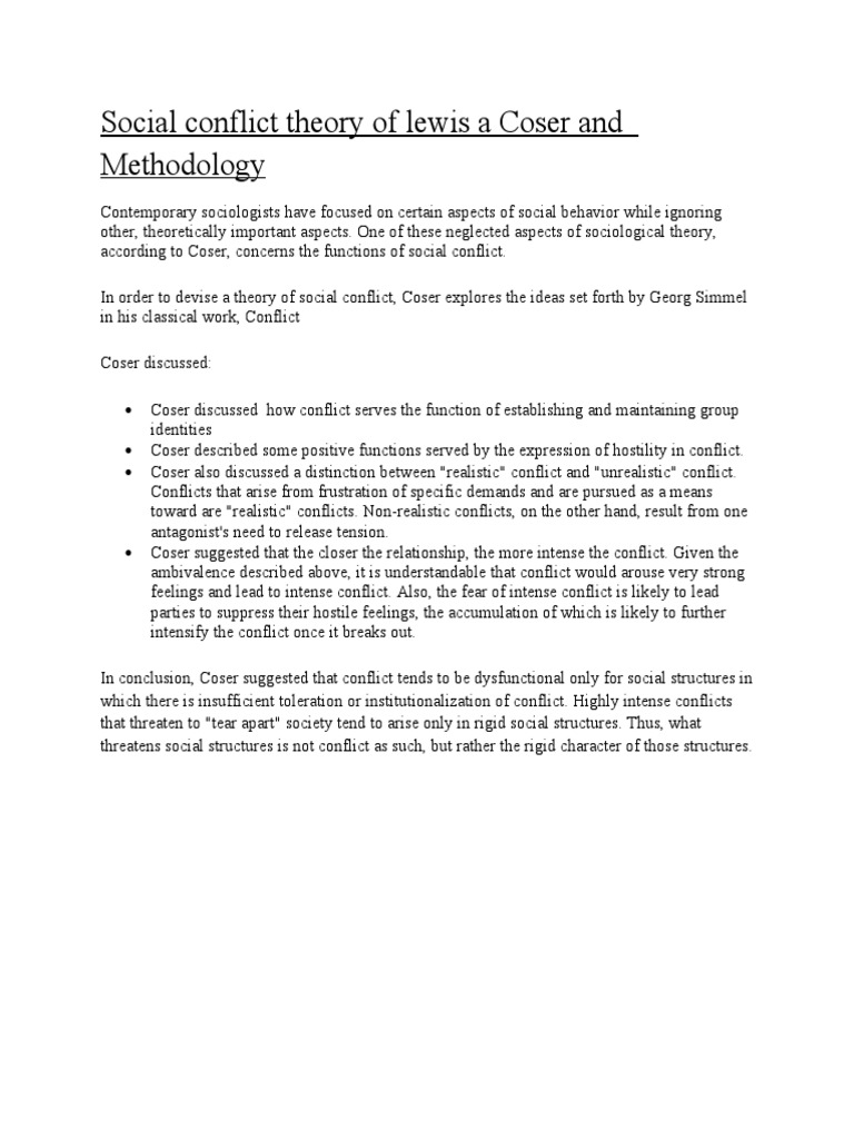 Social Conflict Theory of Lewis A Coser and Methodology | PDF