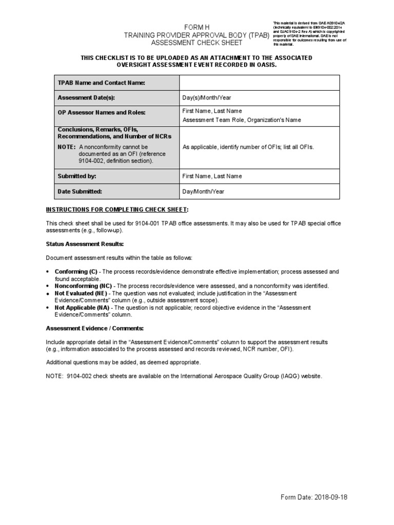 Form H Training Provider Approval Body (Tpab) Assessment Check Sheet | PDF | Evaluation | Business