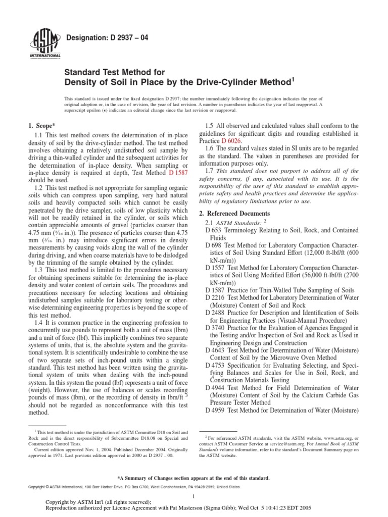 Density of Soil in Place by The Drive-Cylinder Method: Standard Test ...