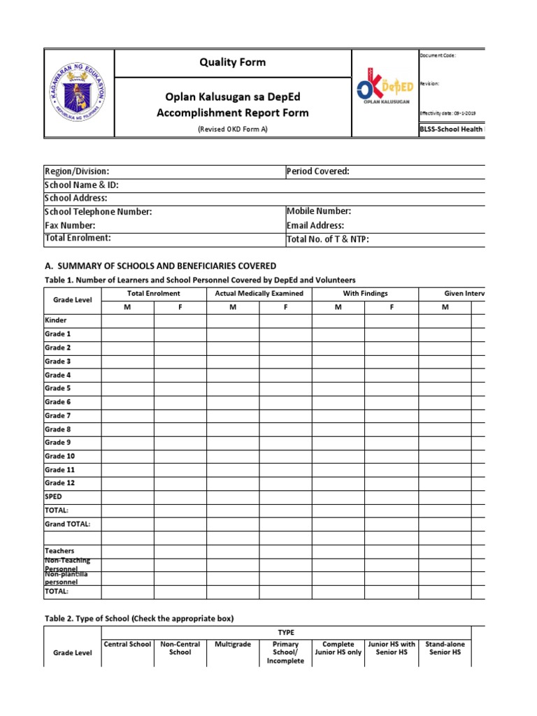Quality Form Oplan Kalusugan Sa Deped Accomplishment Report Form | PDF ...