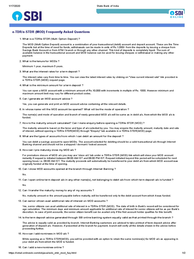 SBI MOD Account | PDF | Deposit Account | Debit Card