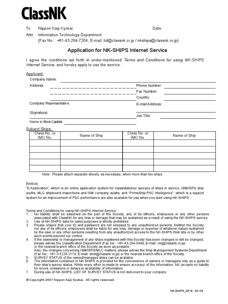 Application For NK-SHIPS Internet Service: Internet Service, and Hereby ...