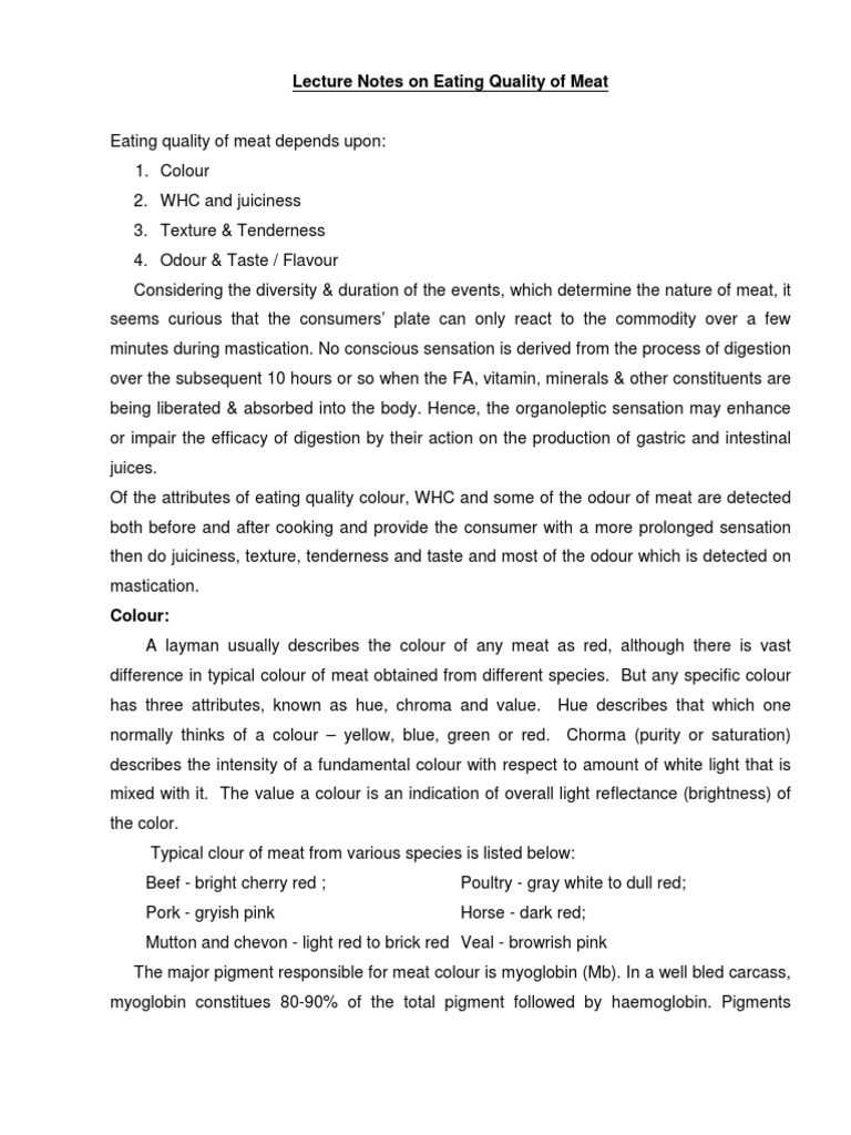 Lecture Notes On Eating Quality of Meat | PDF | Meat | Taste