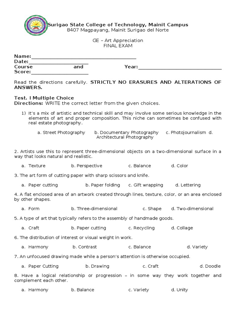 8407 Magpayang, Mainit Surigao Del Norte GE - Art Appreciation Final Exam | PDF | Composition ...