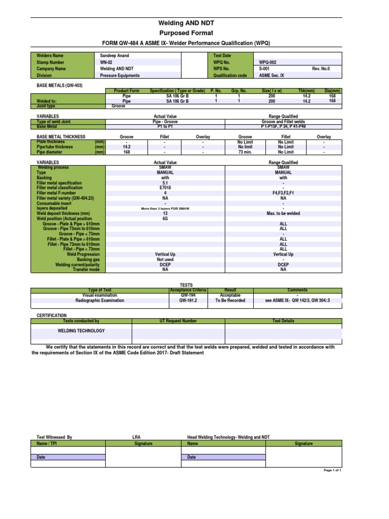 Welding AND NDT Purposed Format: FORM QW-484 A ASME IX-Welder ...