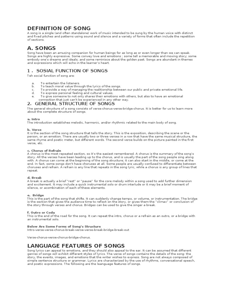 Definition of Song: Structure and Social Functions | PDF | Song ...