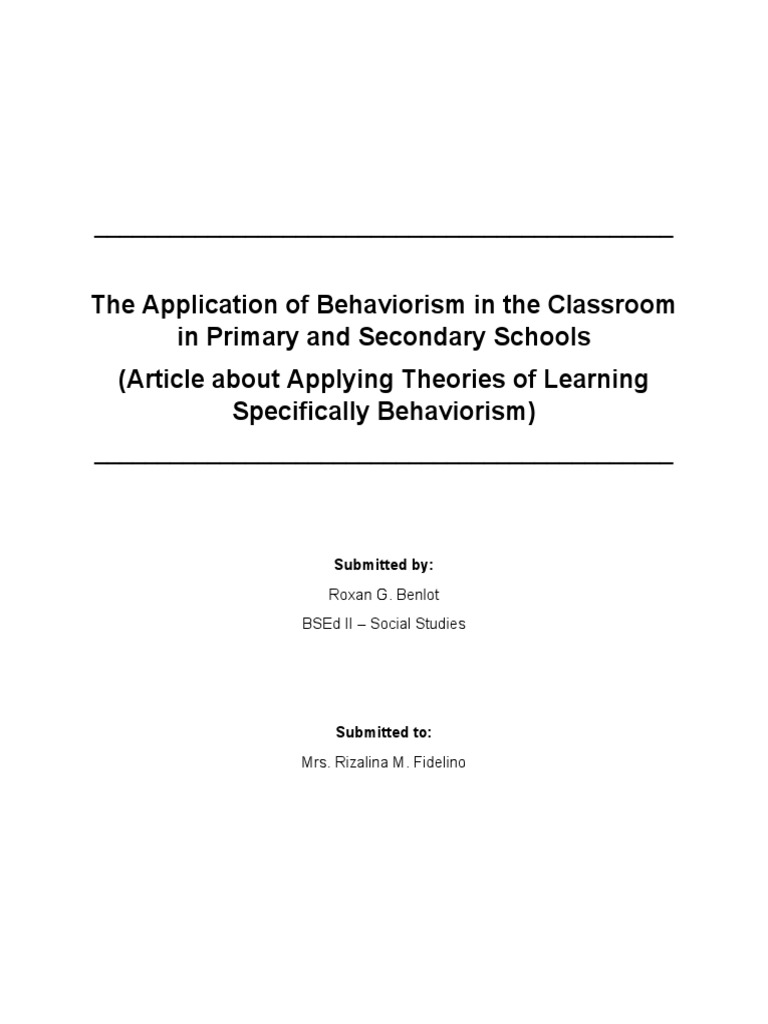 The Application of Behaviorism in the Classroom in Primary and ...
