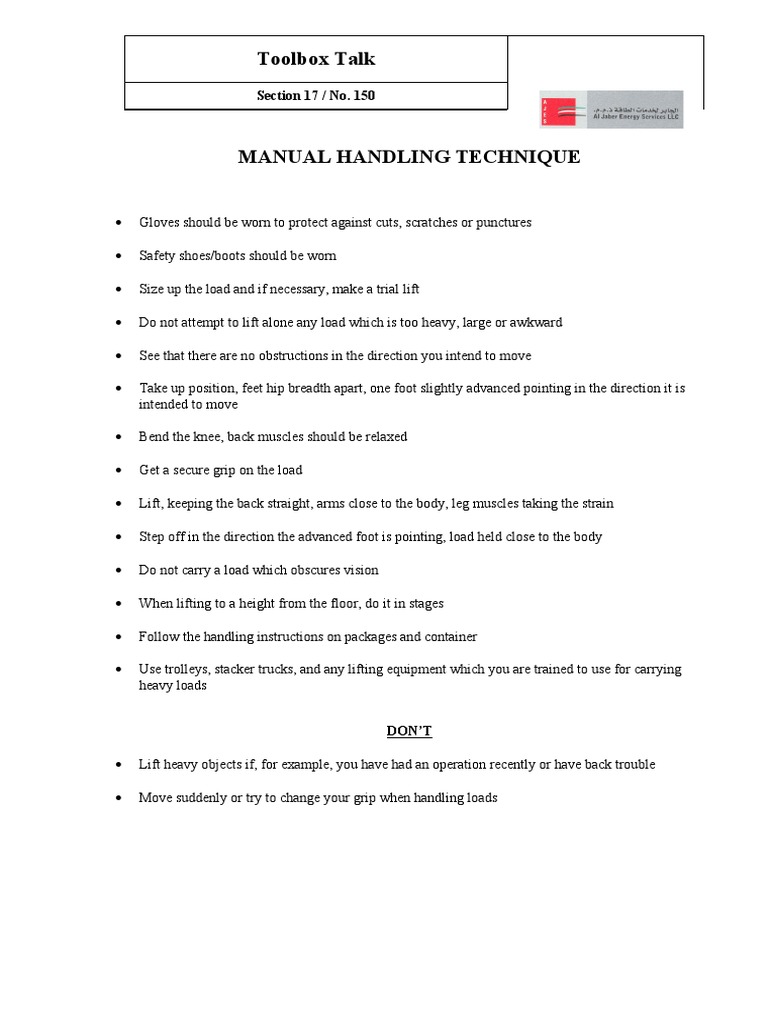 TBT Manual Handling Technique | PDF
