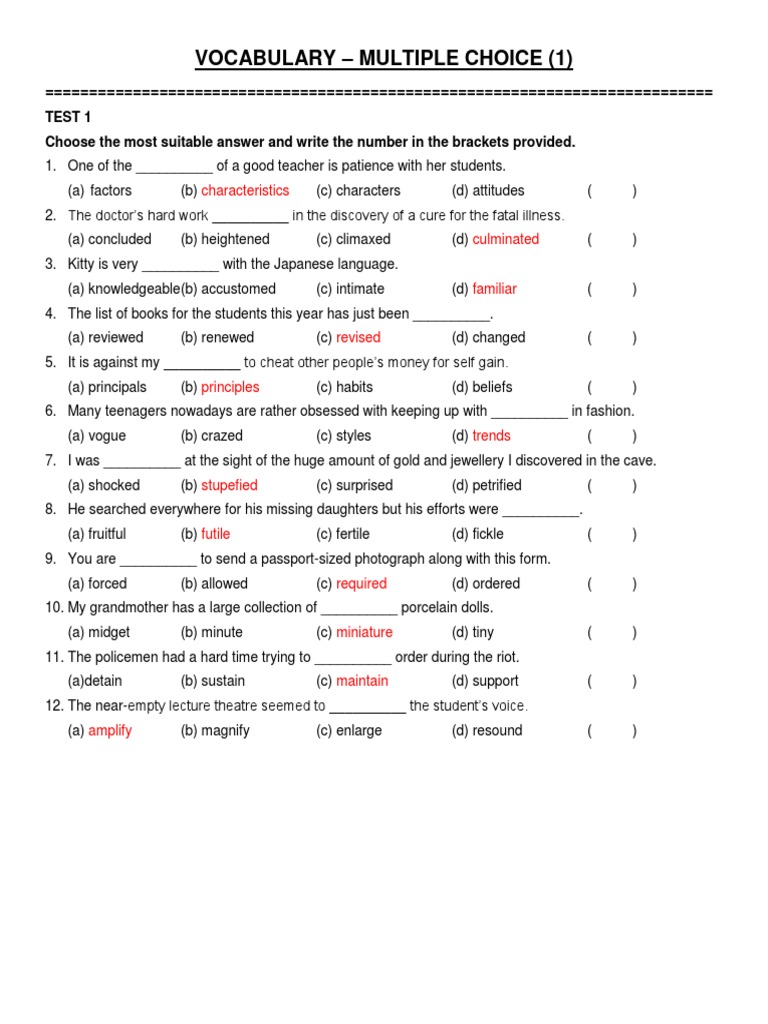 Vocabulary Multiple Choice Test | PDF | Language Arts & Discipline