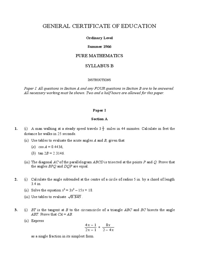 General Certificate of Education: Pure Mathematics Syllabus B | PDF ...