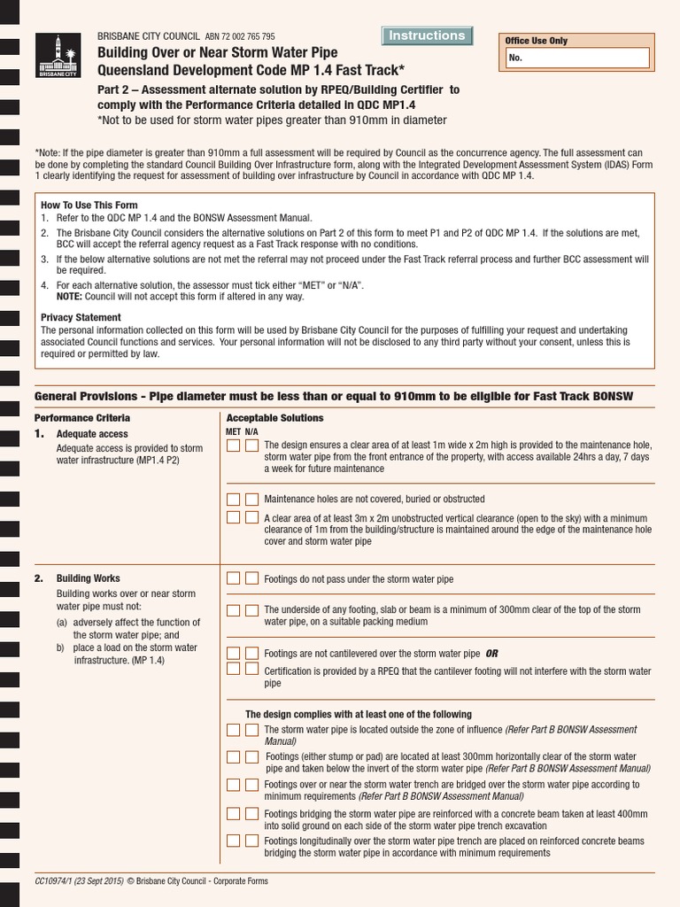 Building Over or Near Storm Water Pipe Queensland Development Code MP 1 ...