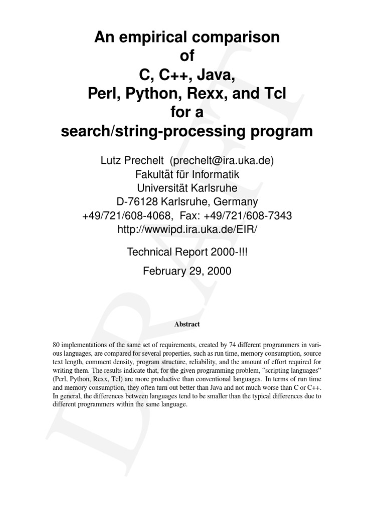 Draft: An Empirical Comparison of C, C++, Java, Perl, Python, Rexx, and TCL For A Search/string ...