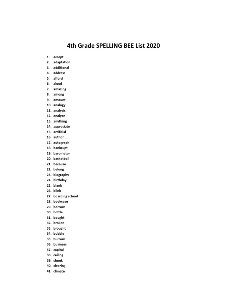 2020 4th Grade Spelling Bee Words | PDF | Nature