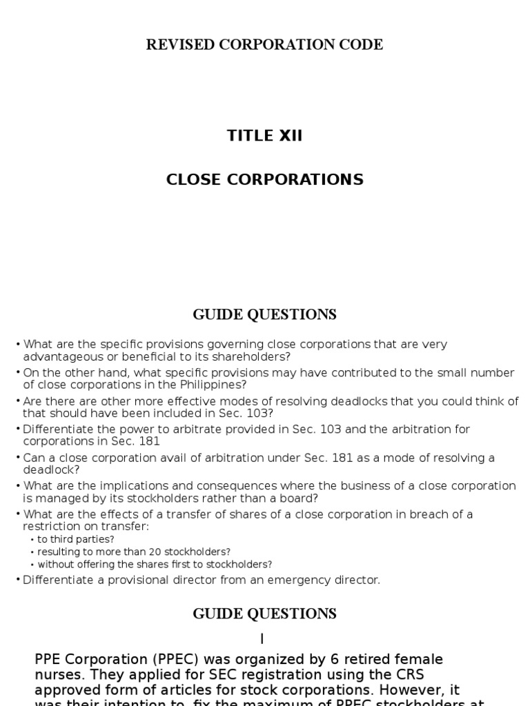 Rev Corp Code Title Xii Close Corp | PDF | Corporations | Tort