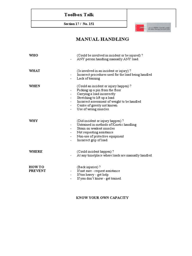ToolBox Talk Manual Handling | PDF