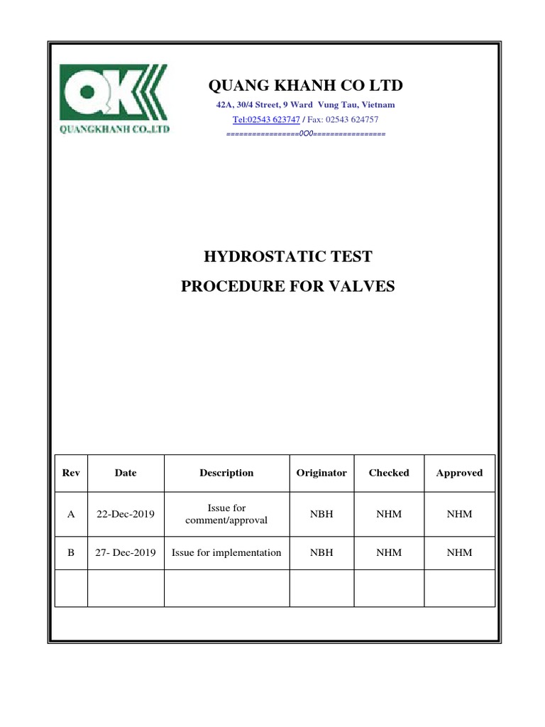 Valve Hydrostatic Testing Procedure | PDF | Valve | Pressure