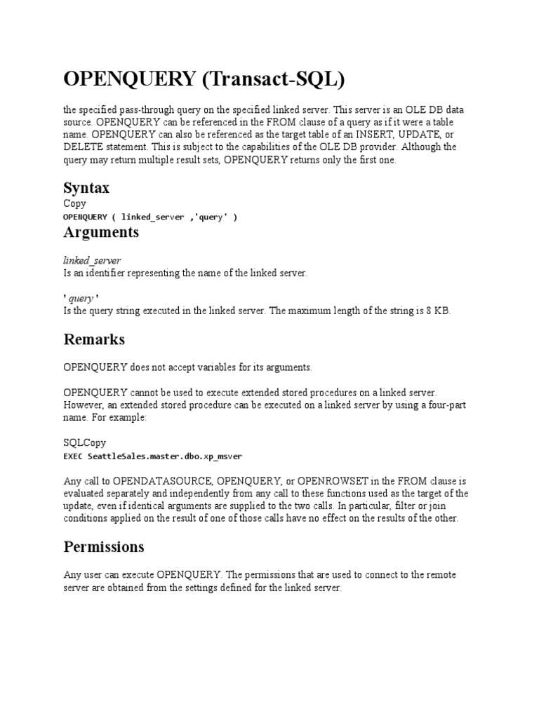 Openquery Syntax Microsoft | PDF | Computer Data | Software
