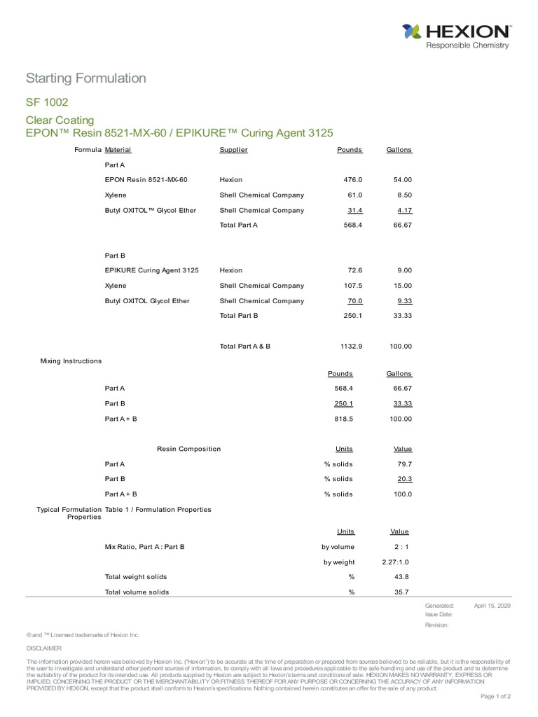 Starting Formulation: SF 1002 Clear Coating EPON™ Resin 8521-MX-60 ...