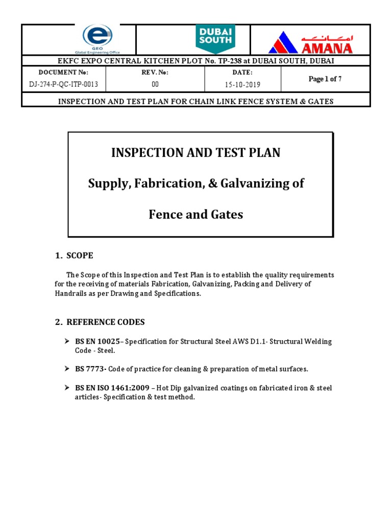 Inspection and Test Plan Supply, Fabrication, & Galvanizing of Fence ...