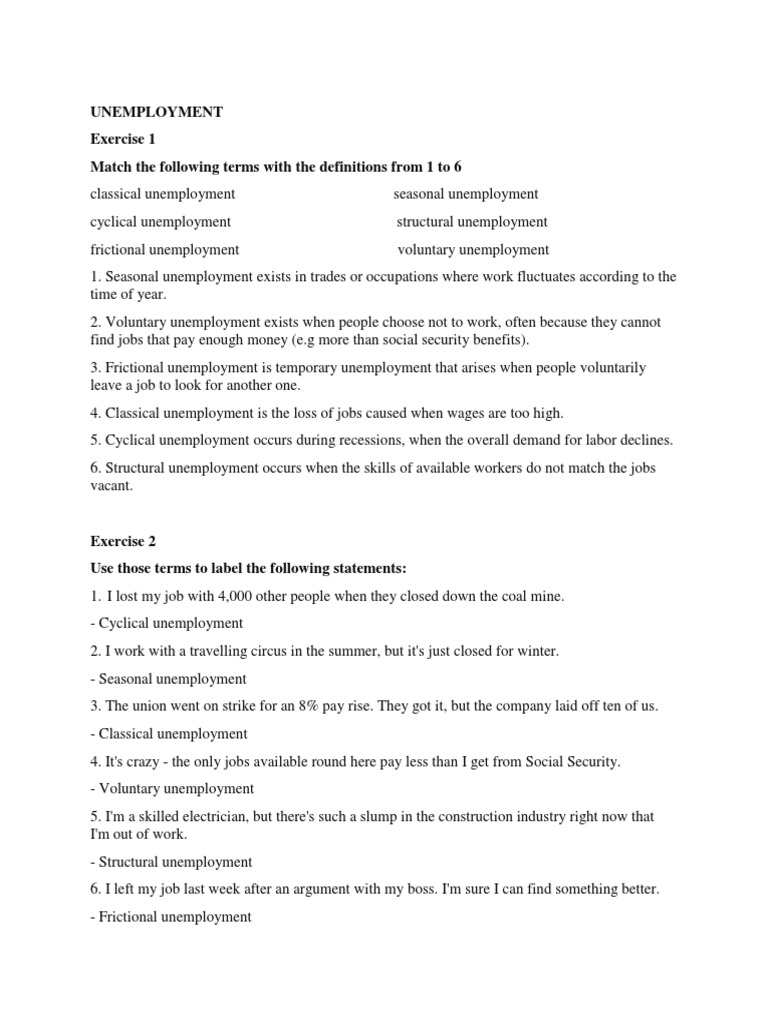 Unemployment Exercise 1 Match The Following Terms With The Definitions ...