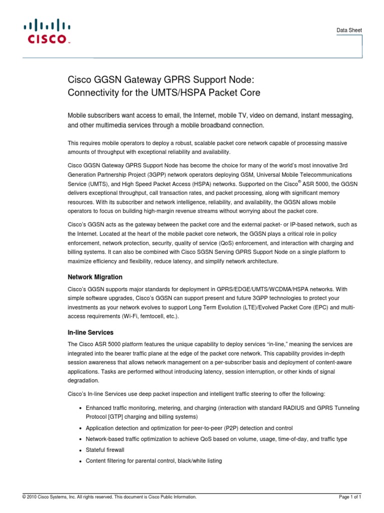 Cisco GGSN Gateway GPRS Support Node: Connectivity For The UMTS/HSPA ...