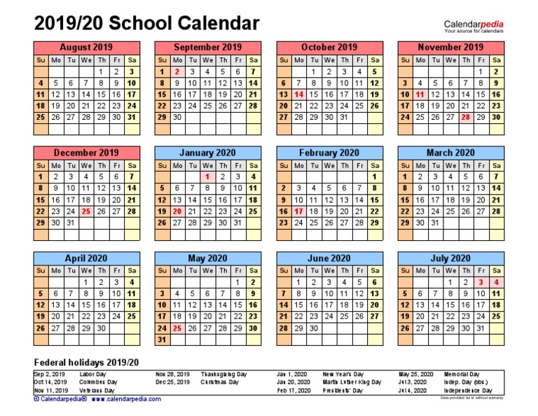 School Calendar 2019 2020 Landscape Year at A Glance | PDF | Federal ...