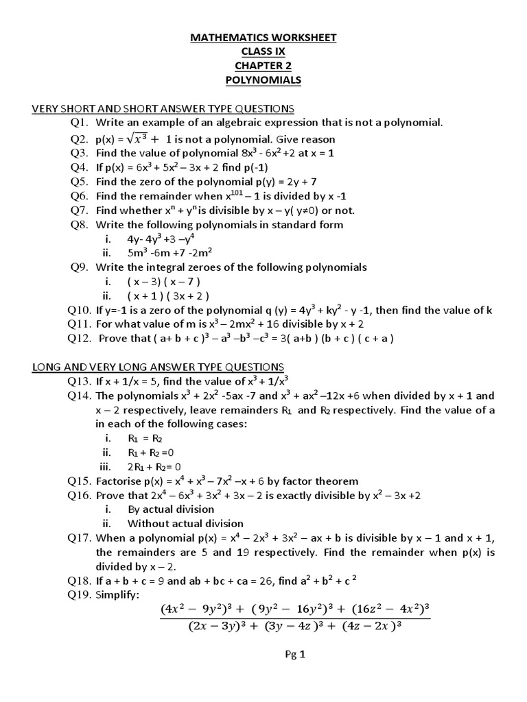Mathematics Worksheet Class Ix Polynomials | PDF | Polynomial ...