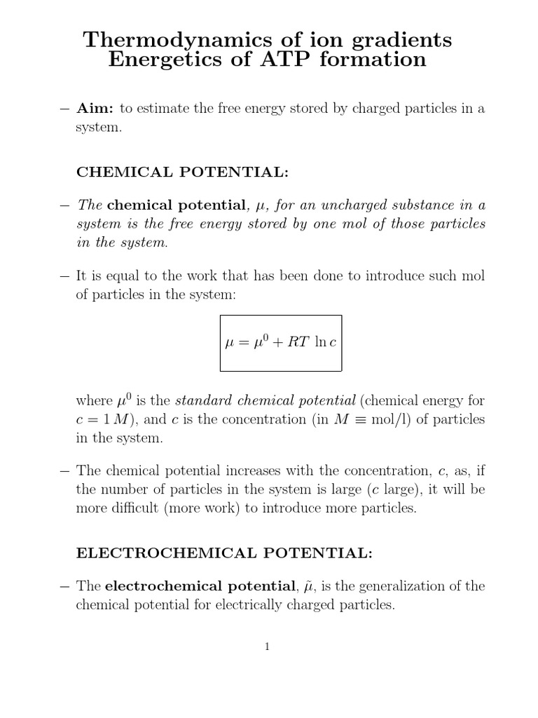 Thermodynamics of Ion Gradients Energetics of ATP Formation: Chemical ...