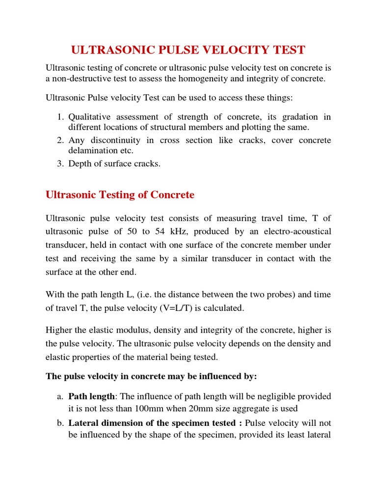 Ultrasonic Pulse Velocity Test | PDF | Ultrasound | Concrete