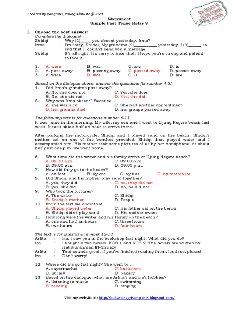 Worksheet Simple Past Tense - Key | PDF