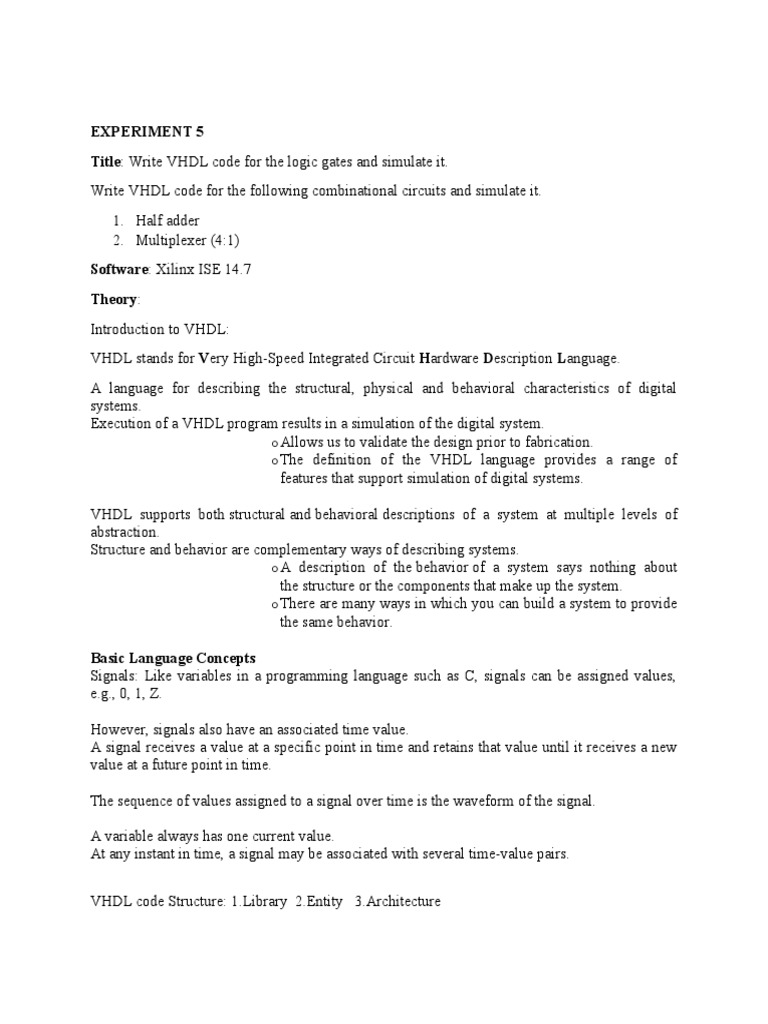 Experiment 5 Title Write Vhdl Code For The Logic Gates And Simulate It Pdf Vhdl Parameter