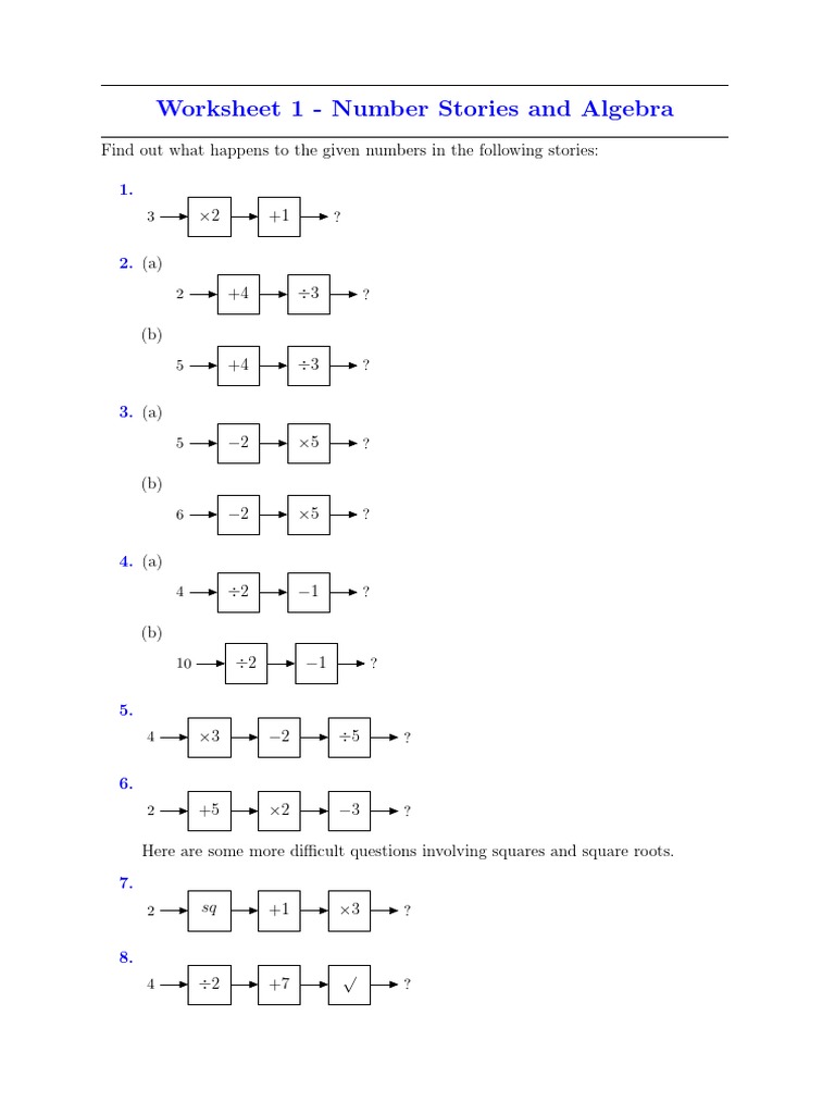 Worksheet 1 - Number Stories and Algebra: Find Out What Happens To The ...