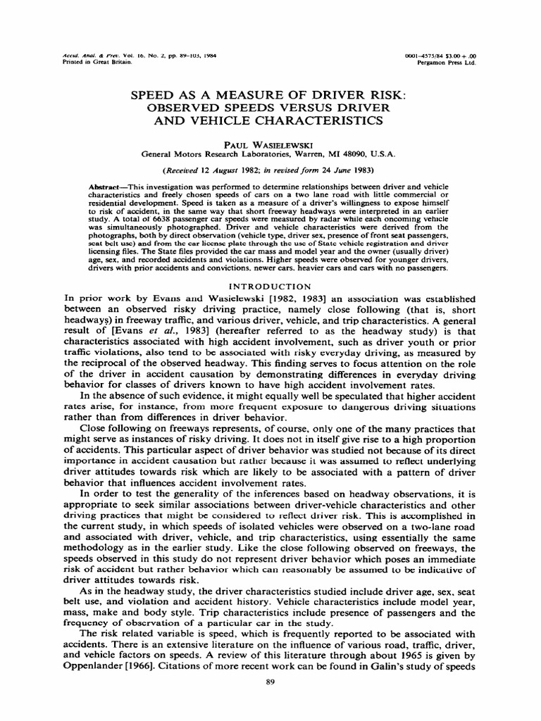 Speed As A Measure of Driver Risk Observed Speeds Versus Driver and ...