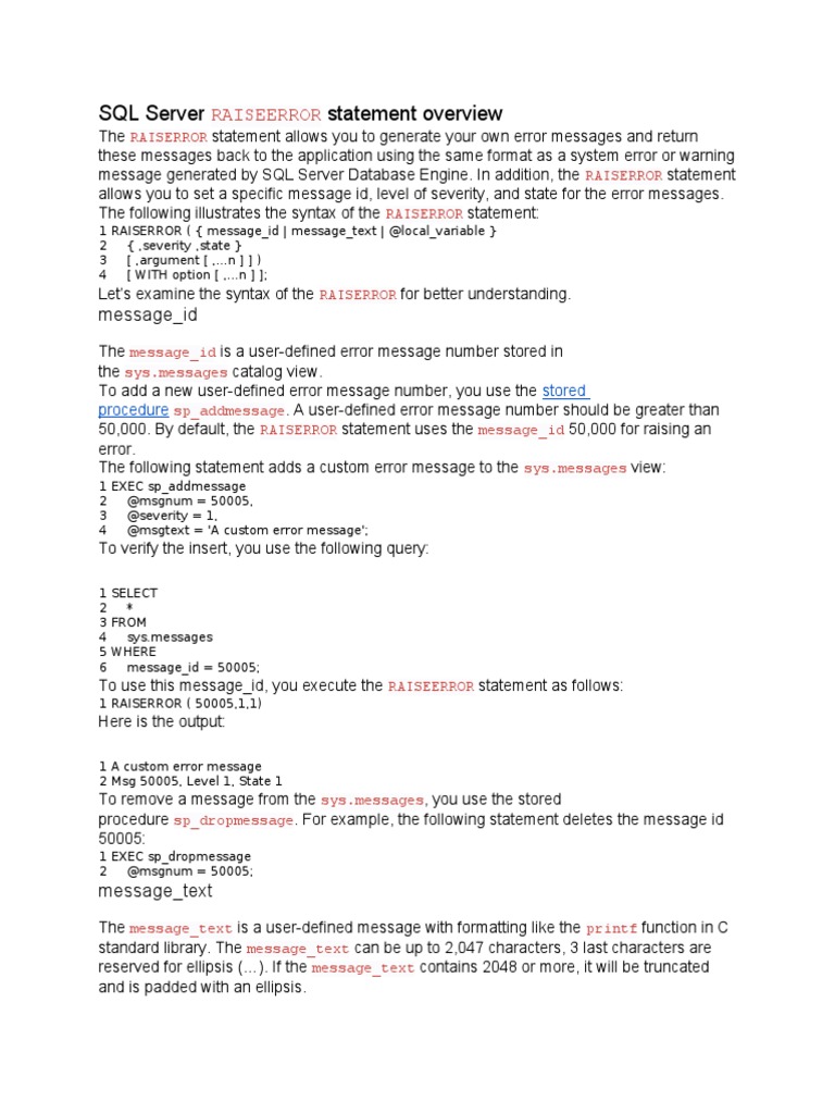 Sql Server Statement Overview Raiseerror Pdf Microsoft Sql Server Databases